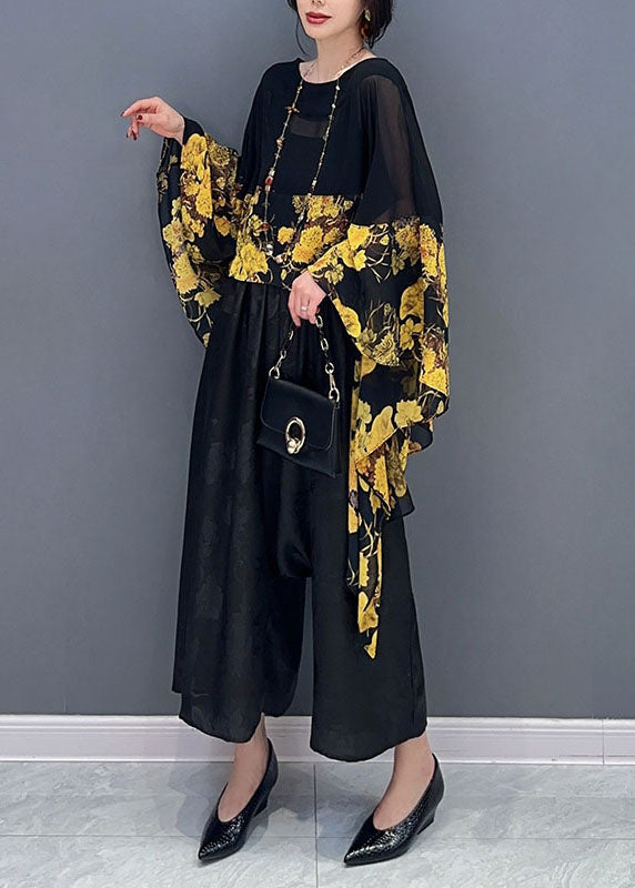 Yellow Print Patchwork Chiffon Top Asymmetrical Batwing Sleeve – SooLinen