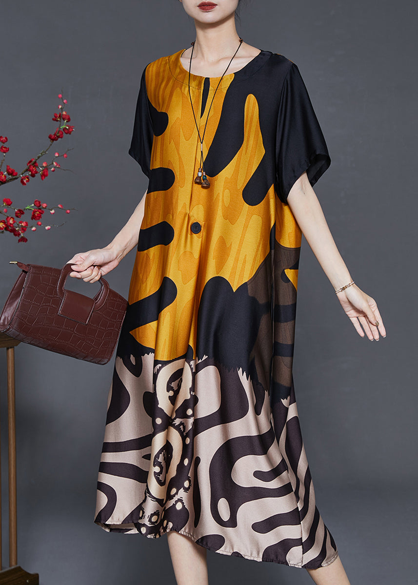 Yellow Print Silk Robe Dresses Oversized Summer – SooLinen