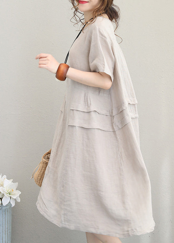 fine beige linen dress casual linen clothing dresses women o neck patc ...