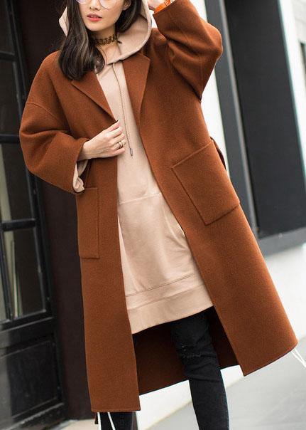 2025 plus size medium length coat Notched coat brown tie waist side op ...