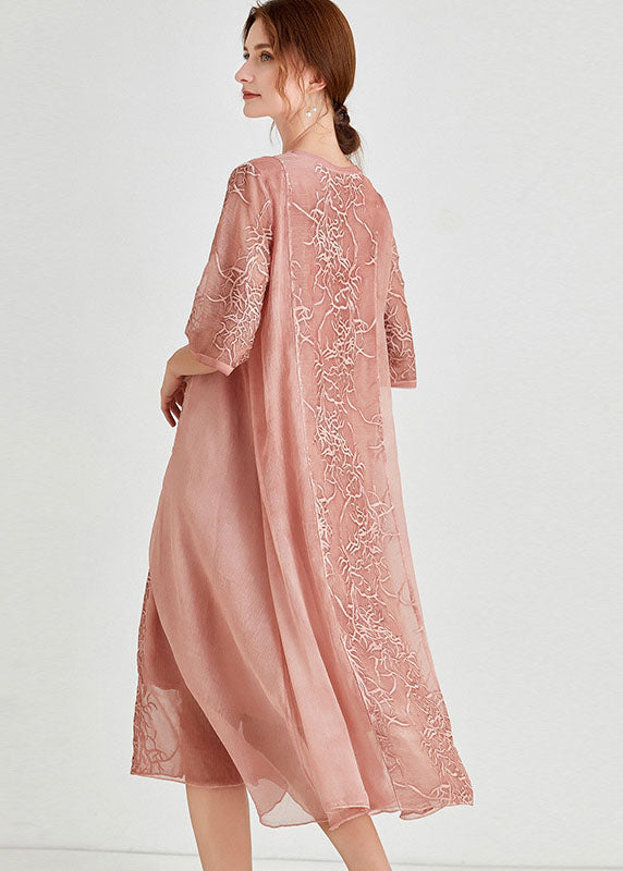 Beautiful Pink Embroideried Patchwork Chiffon Dress Half Sleeve – SooLinen