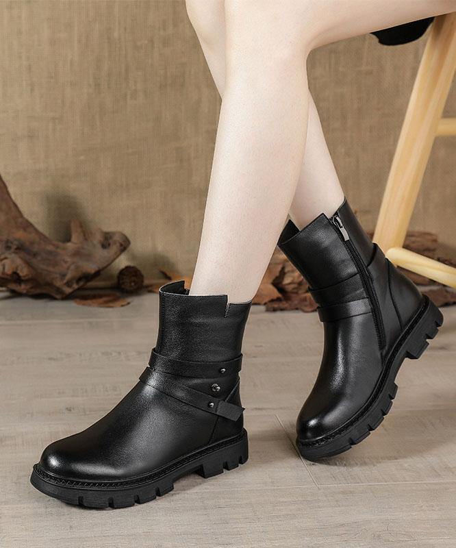 Black Genuine Leather Platform flat boots – SooLinen