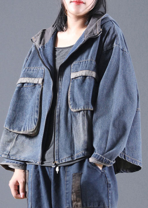 Blue Pockets denim Jacket Zip Up Spring – SooLinen