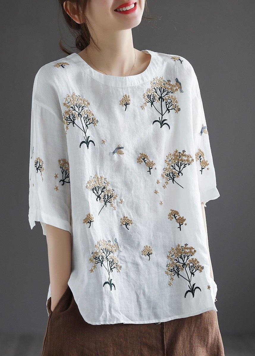 Bohemian White O-Neck Embroideried Floral Summer Linen Tops Half Sleev ...