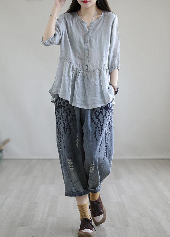 Boho Blue Embroideried Summer Denim Pants – SooLinen