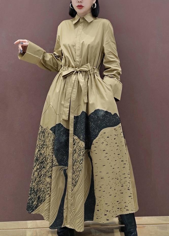 Chic Khaki Print Tunics Lapel Drawstring Robes Spring Dresses – SooLinen