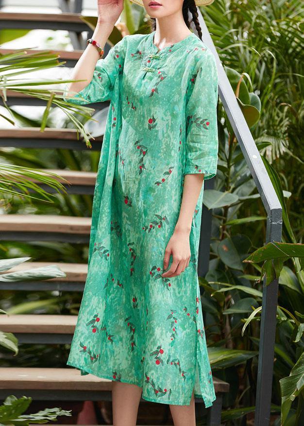 Chic green print linen Robes o neck Chinese Button summer Dresses ...