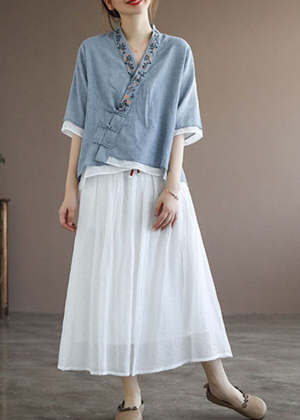 Chinese Style Lake Blue V Neck Double-deck Cotton Top Half Sleeve ...