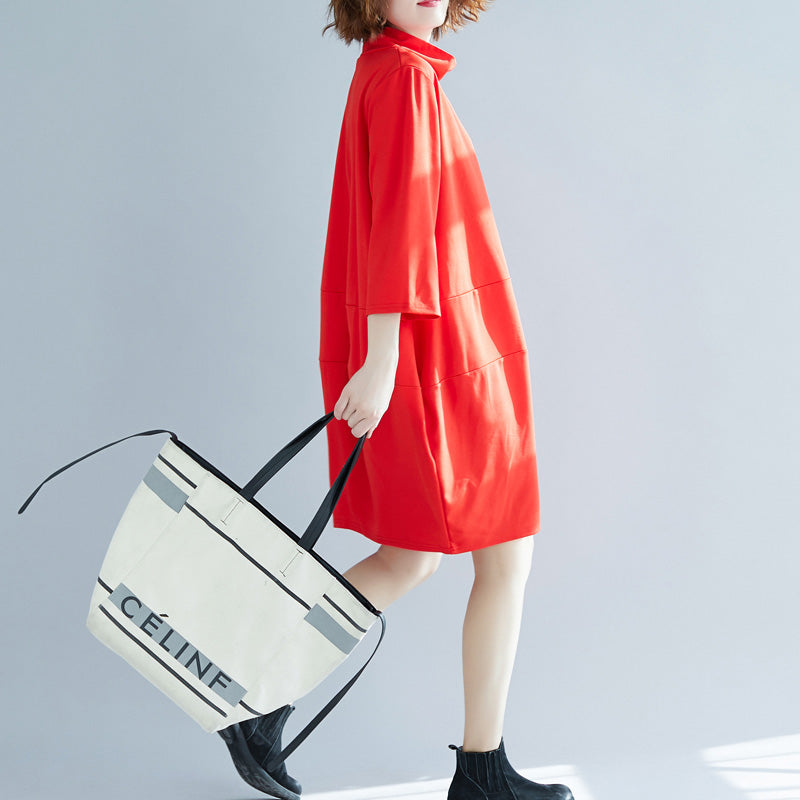 Classy red Cotton clothes Indian linen high neck A Line spring Dress ...