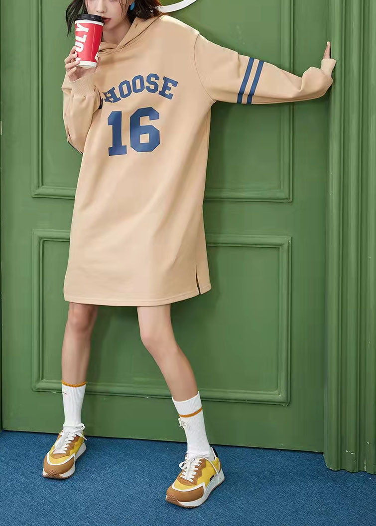 Classy Khaki drawstring Print side open Sweatshirt Spring dress – SooLinen