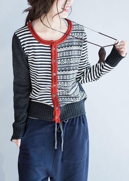 Cozy striped knit jacket plus size fall knit sweat tops o neck Button ...