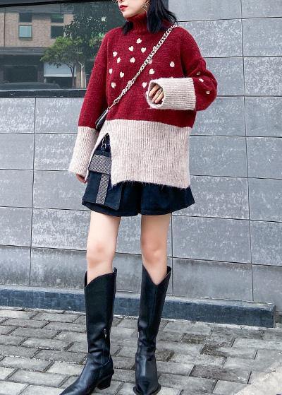 Cute red clothes For Women side open fall fashion patchwork knit sweat ...