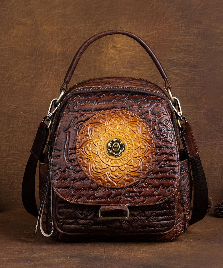 DIY Brown Geometric pattern Paitings Calf Leather Backpack Bag – SooLinen