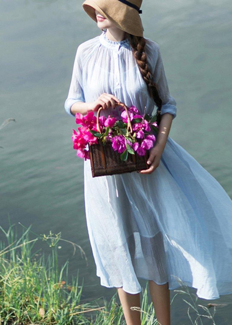 DIY Stand Button Summer Robes Wardrobes Sky Blue Dress – SooLinen