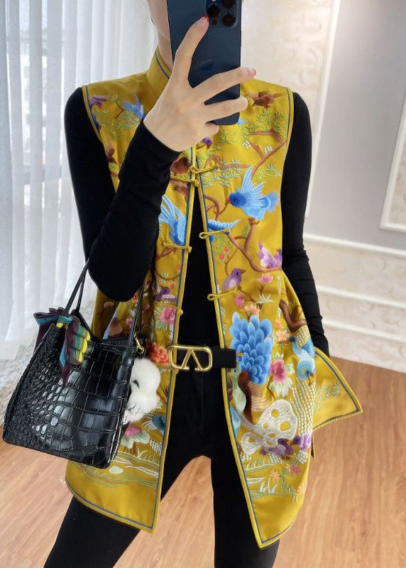 DIY Yellow retro Print side open Button Fall Sleeveless Vest – SooLinen
