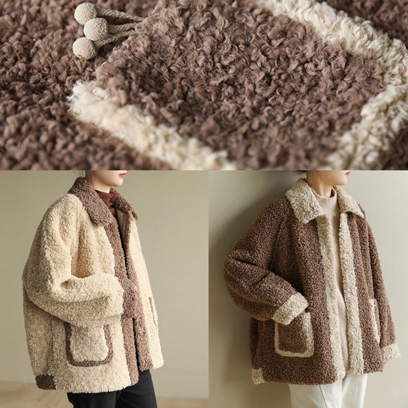 DIY beige Plus Size clothes For Women Tutorials lapel collar patchwork ...