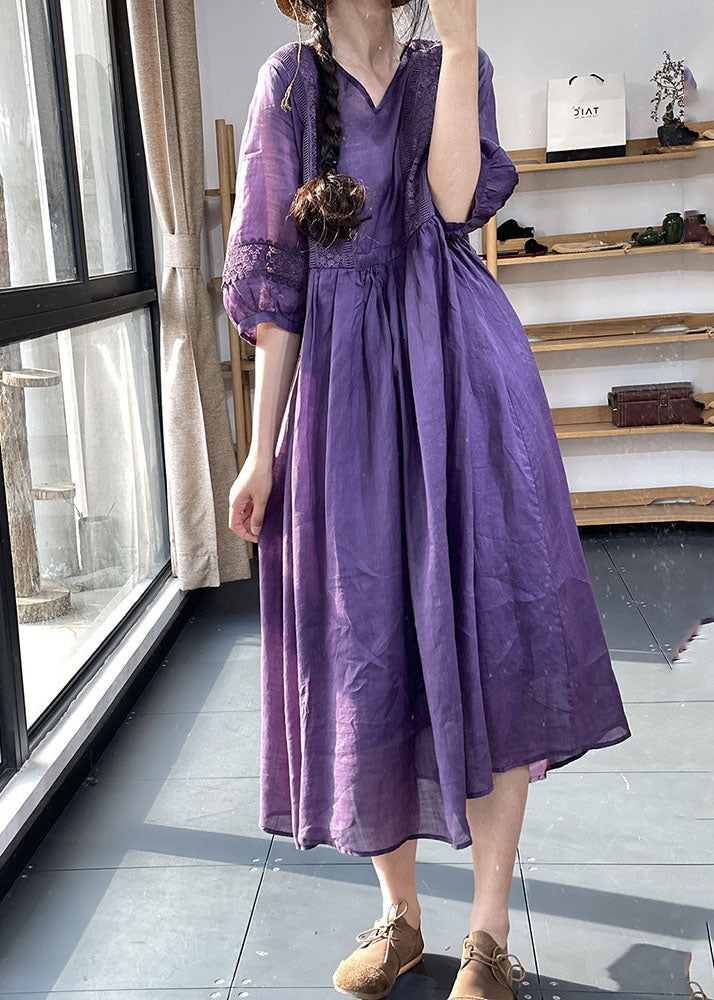 Diy Purple V Neck Cinched Lace Patchwork Exra Large Hem Cotton Dresses ...