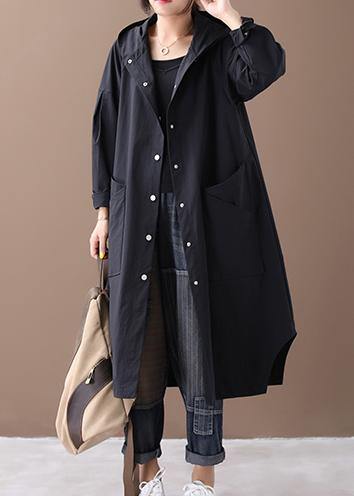 Elegant black Fashion box coat Inspiration hooded Large pockets outwea ...