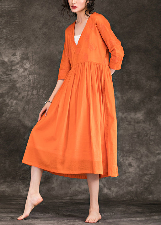 Elegant orange cotton linen Robes Vintage Inspiration v neck embroider ...