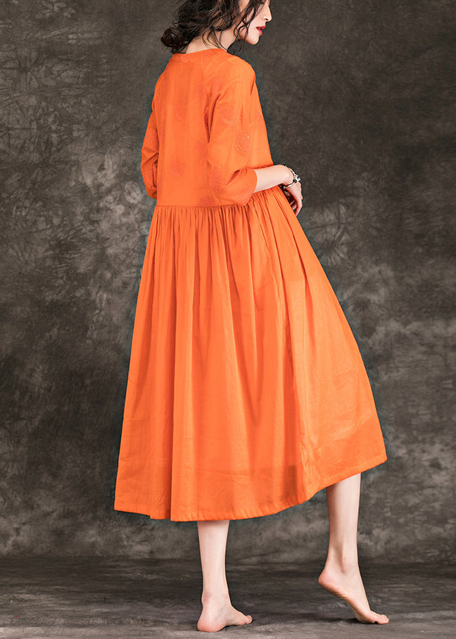 Elegant orange cotton linen Robes Vintage Inspiration v neck embroider ...