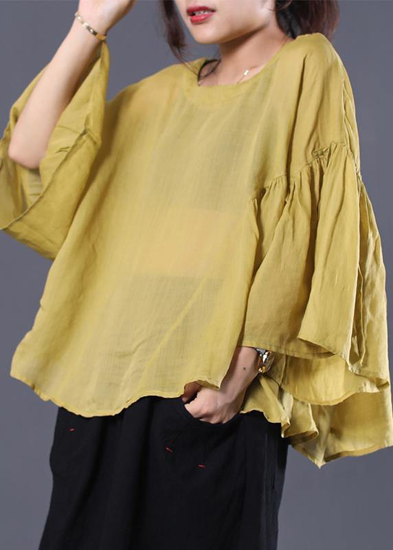 Elegant yellow linen Tunic Cotton o neck summer ruffles shirt – SooLinen