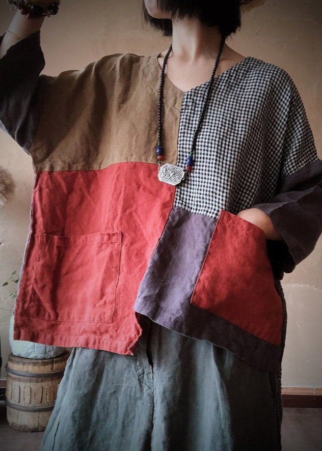 Fashion V Neck Pockets Asymmetrical Patchwork Pockets Linen Tops Long ...