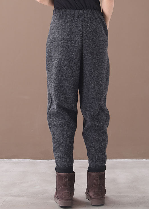 French Grey Pockets Patchwork Warm Fleece Pants Winter – SooLinen