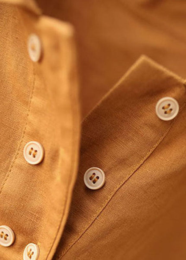 French Orange Solid Color Turn-down Collar Double Breast Cotton Blouse ...