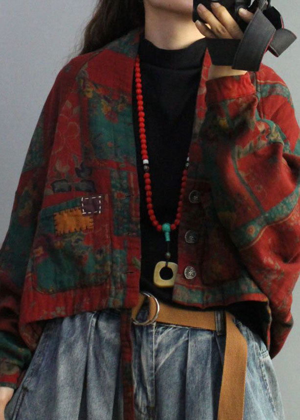 French Red Bat wing Sleeve Print low high design Coat Winter – SooLinen