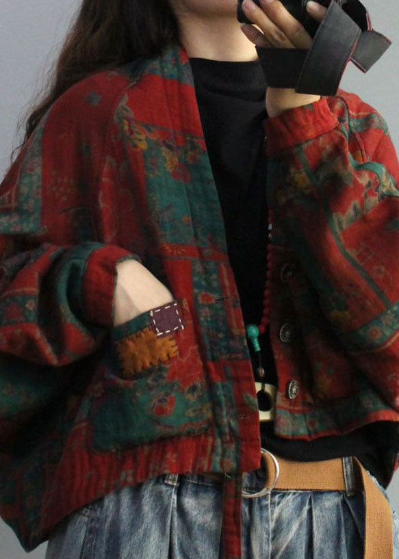 French Red Bat wing Sleeve Print low high design Coat Winter – SooLinen