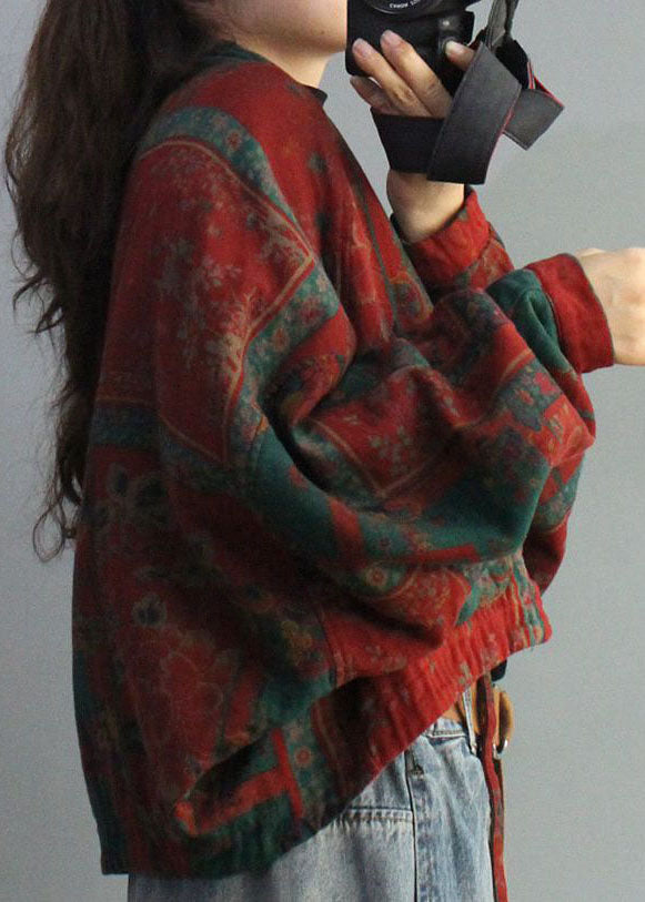 French Red Bat wing Sleeve Print low high design Coat Winter – SooLinen