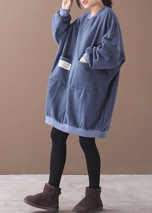 French two pockets Cotton o neck tunics for women Sewing blue Dress ...