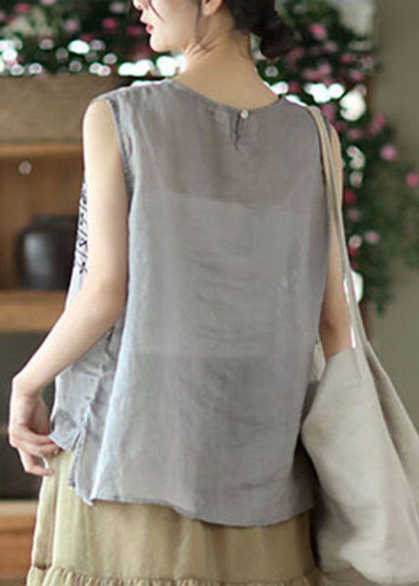 Grey Linen Tank Tops Button Embroideried Sleeveless – SooLinen