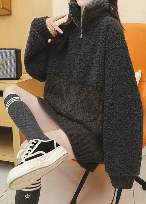 Handmade Black Patchwork Winter Fuzzy Fur Fluffy Knit sweaters – SooLinen