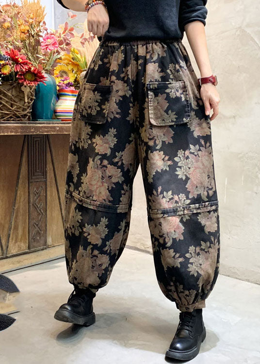 Handmade Black Print denim lantern Pants Winter – SooLinen