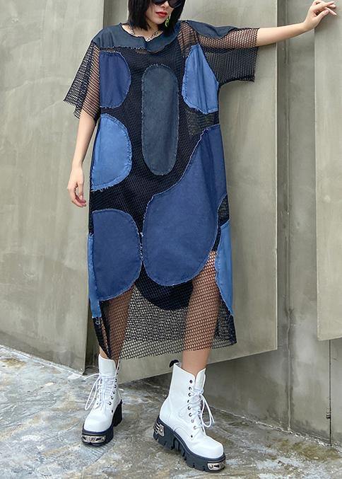 Handmade blue clothes patchwork tulle A Line Dress – SooLinen