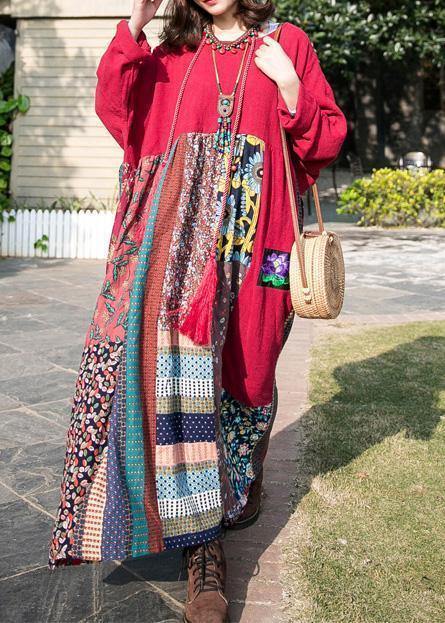 Handmade o neck patchwork cotton linen clothes Neckline red Dresses sp ...