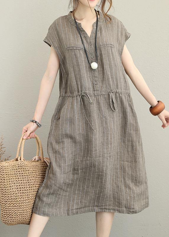 Loose v neck drawstring linen summer Robes Neckline kahki striped Dres ...