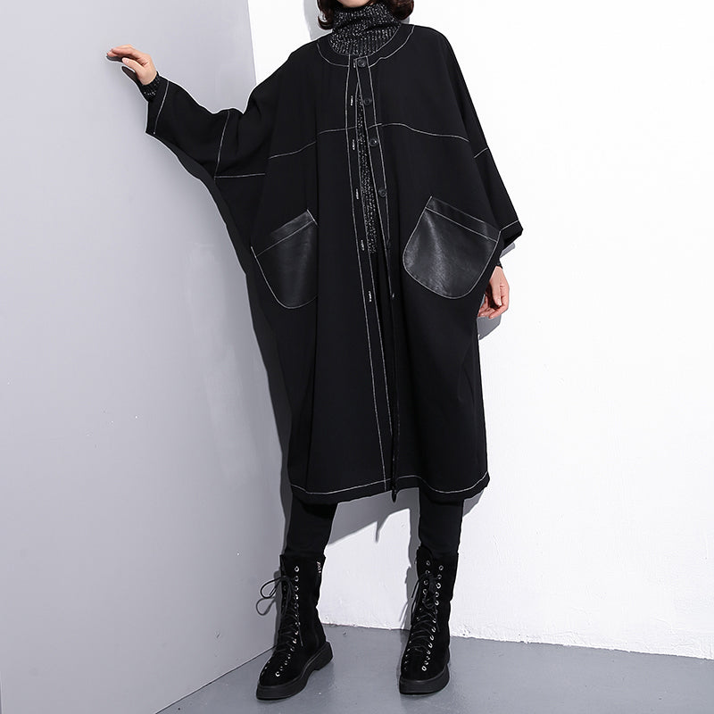 Luxury black maxi coat plus size o neck baggy boutique pockets coats ...