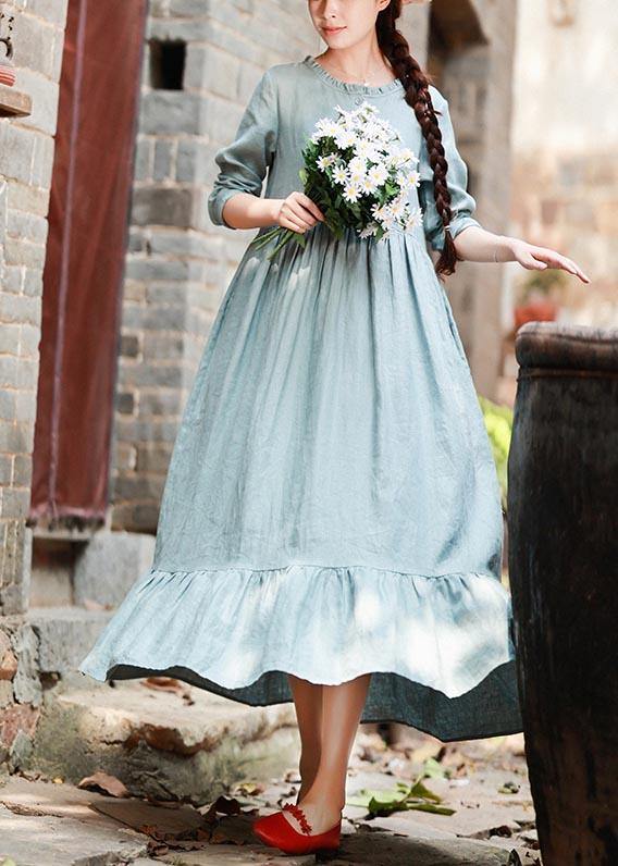 Modern Light Blue Tunic Dress O Neck Ruffles Long Spring Dresses – SooLinen