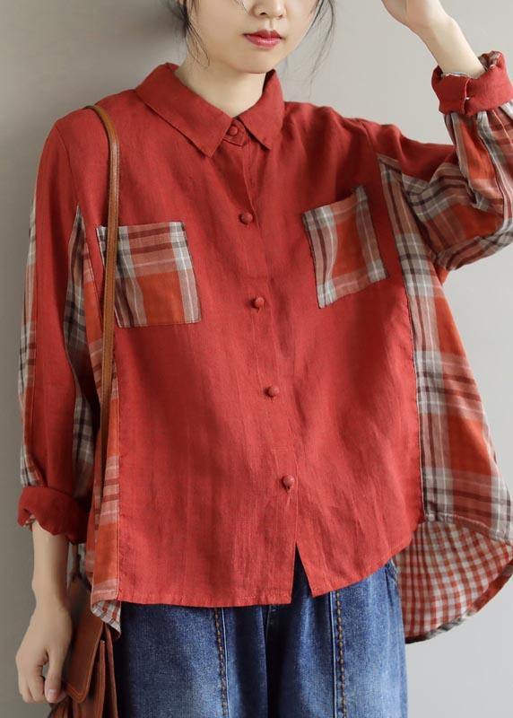 Modern Red Plaid Clothes For Women Lapel Patchwork Spring Top – SooLinen