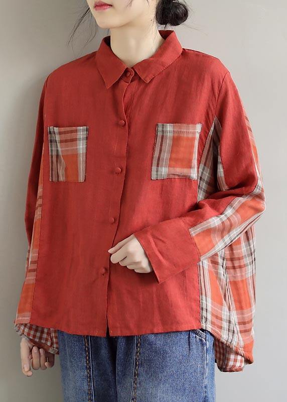Modern Red Plaid Clothes For Women Lapel Patchwork Spring Top – SooLinen