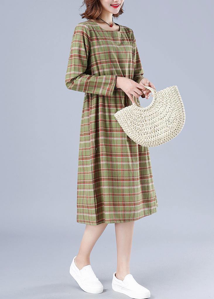 Natural Green Plaid Dresses O Neck Drawstring Knee Spring Dress – SooLinen