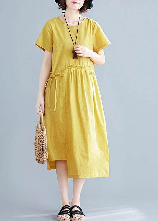 Natural yellow linen cotton Robes o neck drawstring Maxi summer Dresse ...