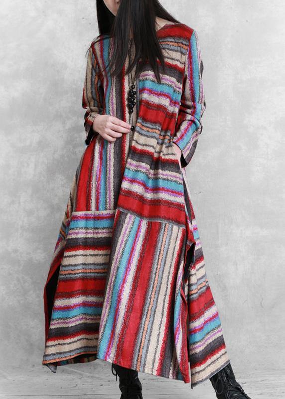 Organic red striped linen cotton clothes For Women side open Plus Size ...