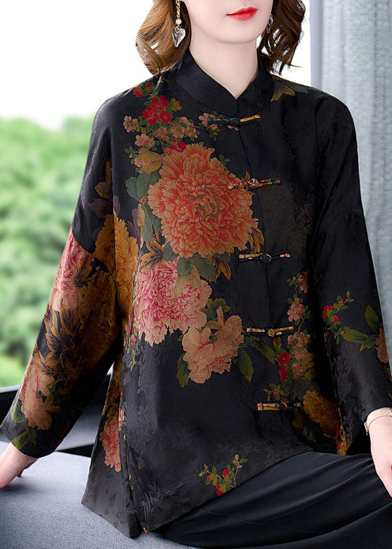 Original Black Mandarin Collar Button Floral Print Silk Coats Long Sle ...