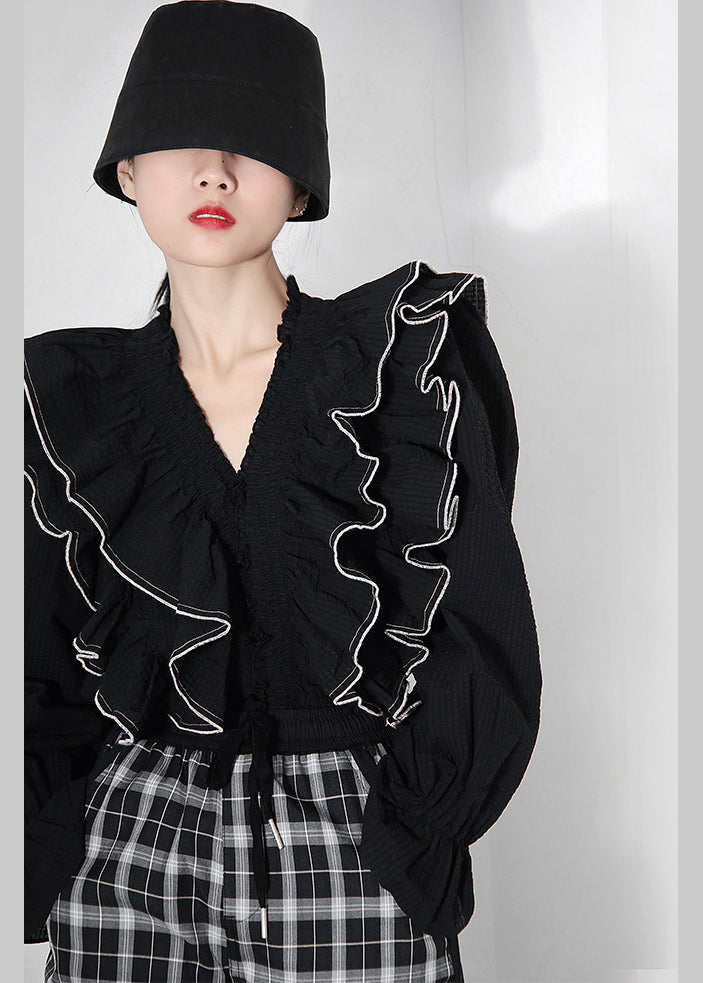 Plus Size Black Ruffled wrinkled Shirt Tops Long Sleeve – SooLinen
