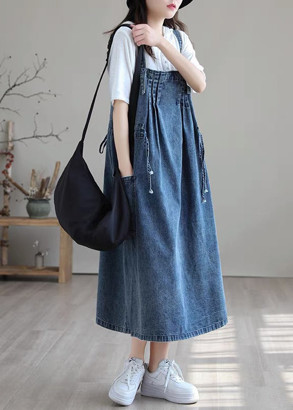 Plus Size Blue drawstring pocket Spaghetti Strap Cotton denim Dress Sp ...