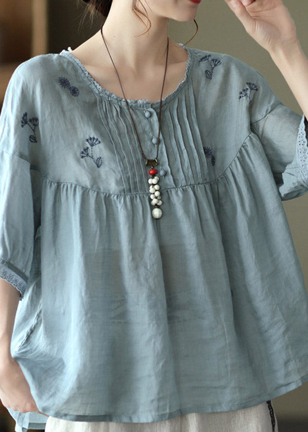 Plus Size Light Blue Grey Button Linen Tops Half Sleeve – SooLinen
