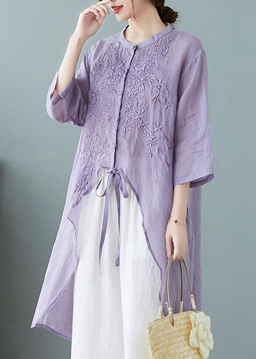 Purple Button Pockets Linen Tops Half Sleeve – SooLinen